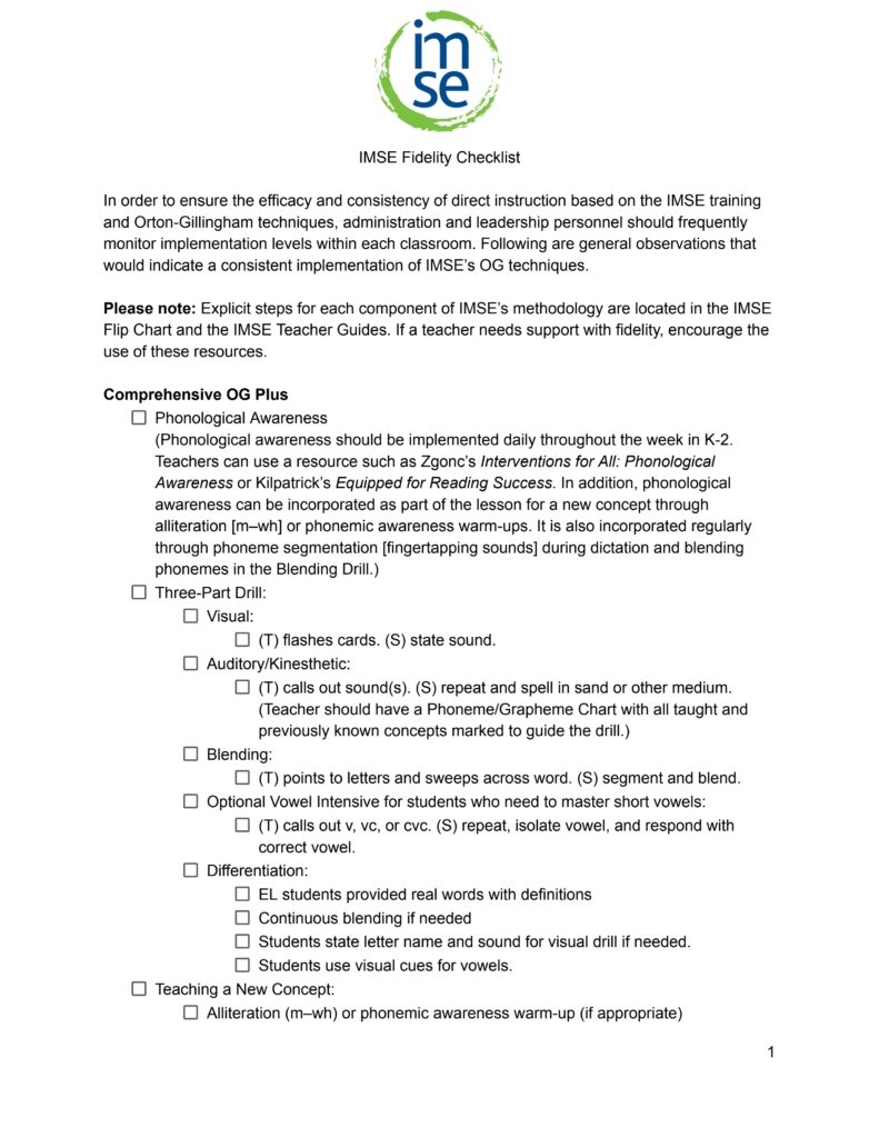 IMSE Comprehensive OG Fidelity Checklists for Admin and District Instructors – OG Support