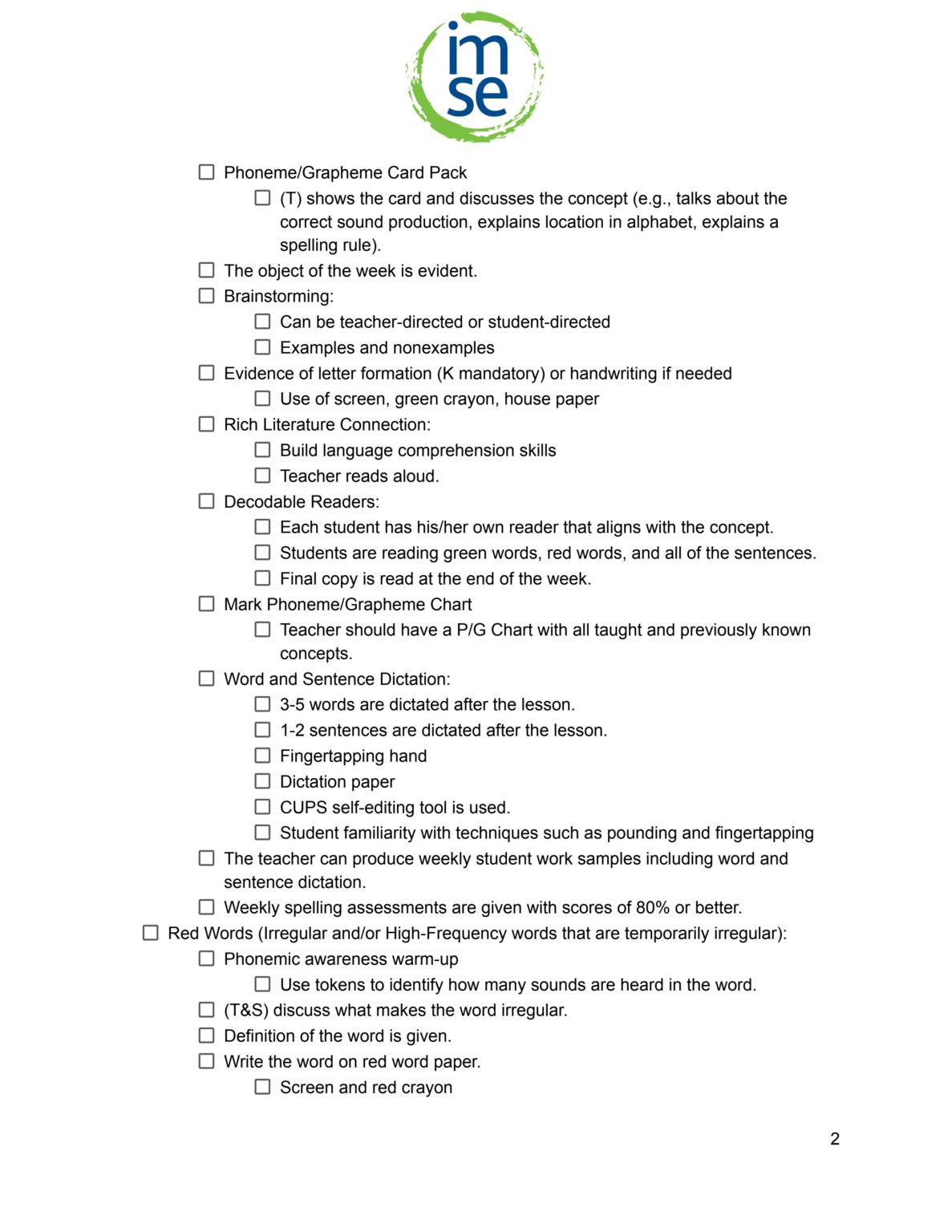IMSE Comprehensive OG Fidelity Checklists for Admin and District Instructors – OG Support